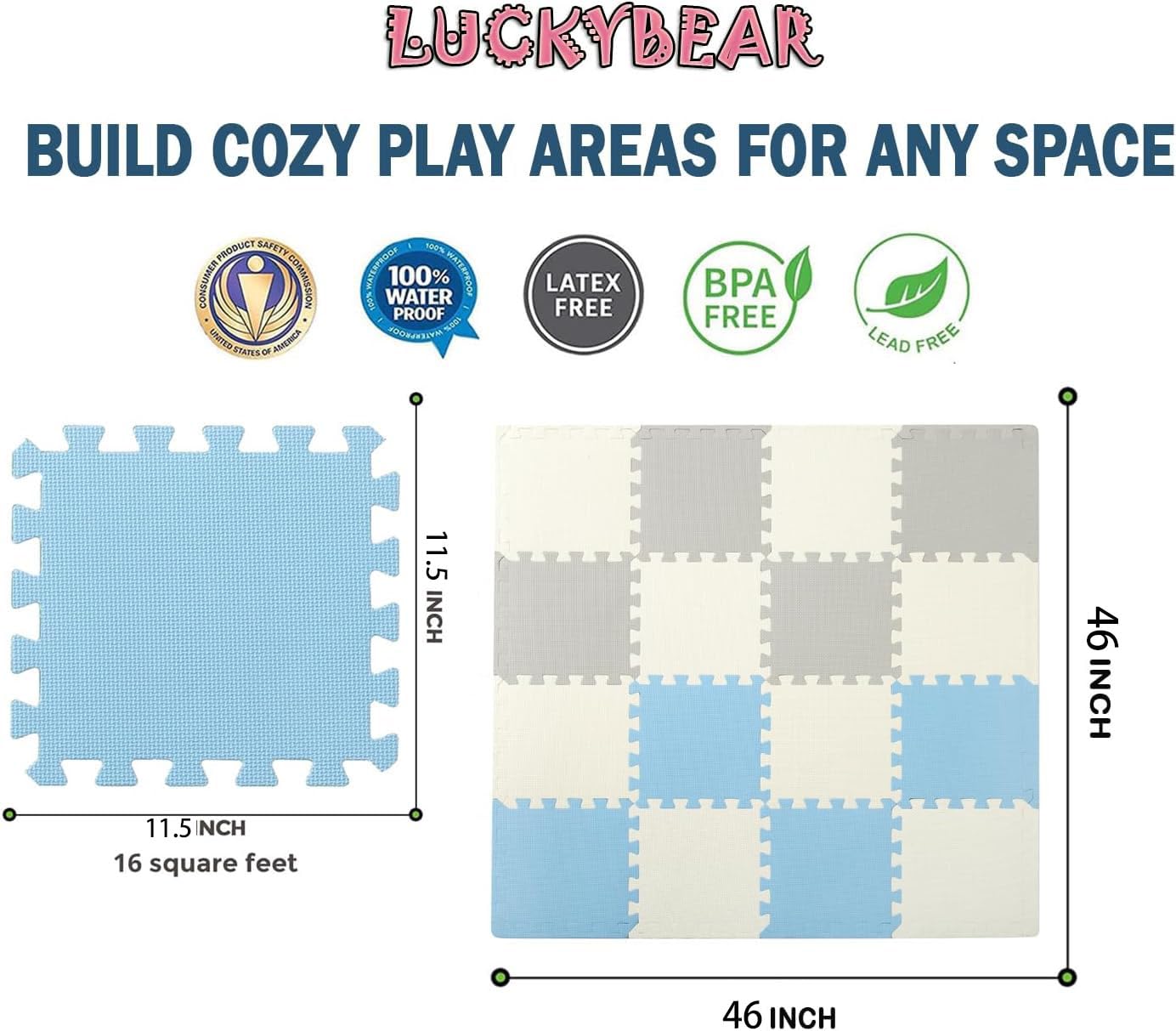 Baby Play Mat Puzzle Exercise PlayMat Foam Flooring Tiles Interlocking Floor Mats for Baby Non-Toxic Soft Waterproof and Thick(0.4" Thickness) Designed for Babies Toddlers Flooring Protector-46”×46”