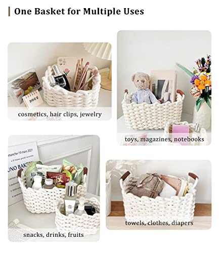 3-Piece Woven Baskets for Storage, Verkigle White Cotton Rope Basket with Handle, Decorative Cute Baskets for Room Desktop Organizing, Empty Gift Basket, Small Shelf Basket for Baby Nursery