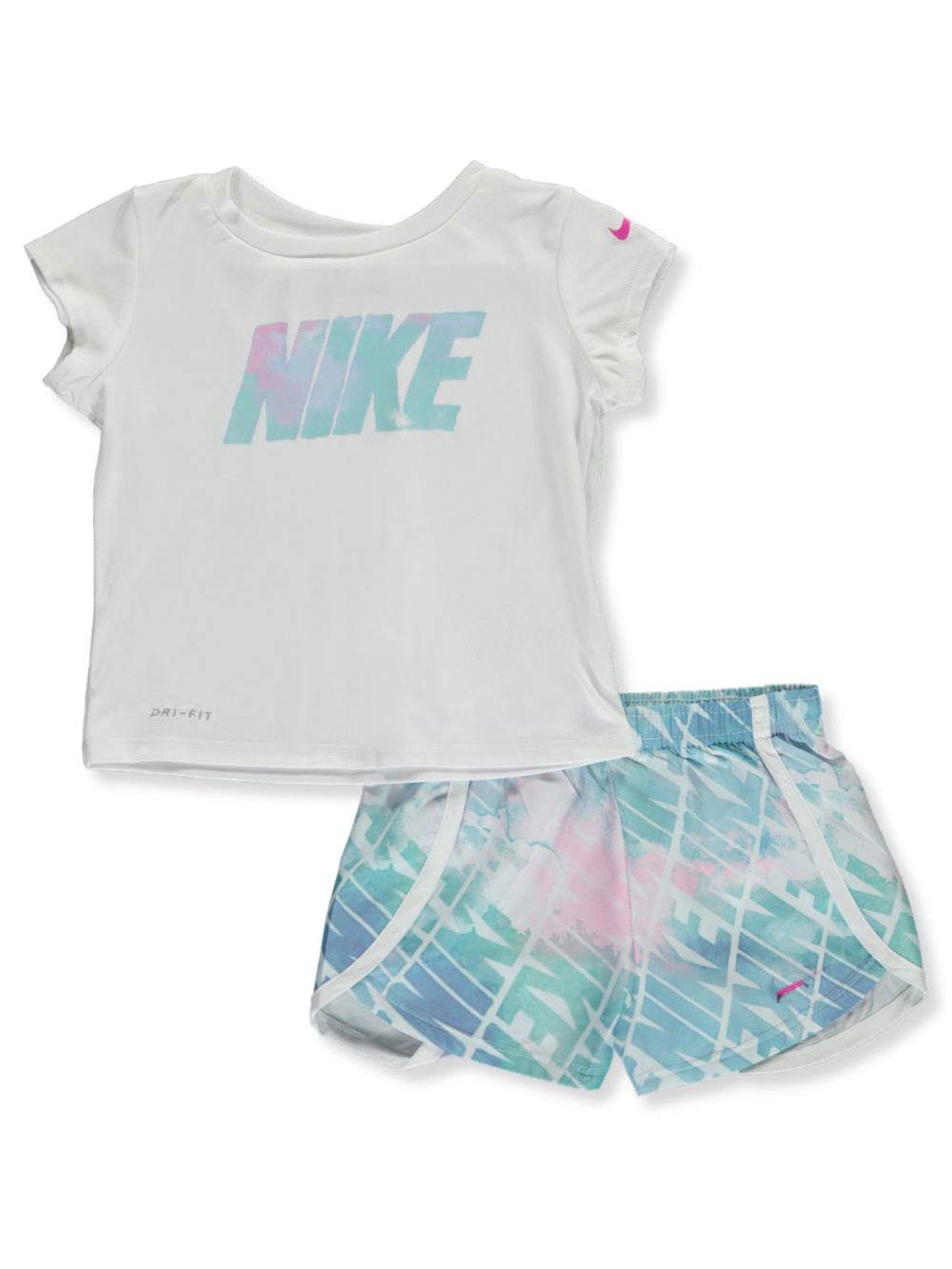 Nike Girl's Graphic-Print T-Shirt & Shorts 2 Piece Set (Emerald Rise(26G203-E8G)/White, 4T)