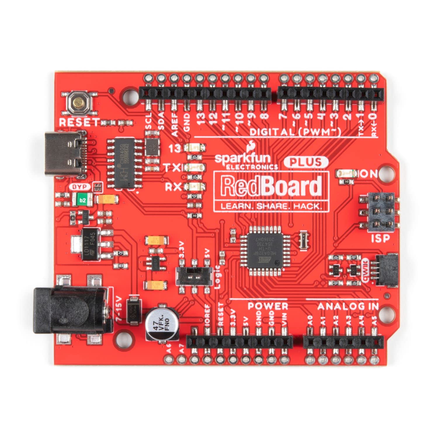 SparkFun RedBoard Plus - ATmega328P microcontroller with Optiboot (UNO) Bootloader - Qwiic Connect System - USB-C Connector - Additional Features to Our RedBoard Qwiic - Input Voltage 5V-15V