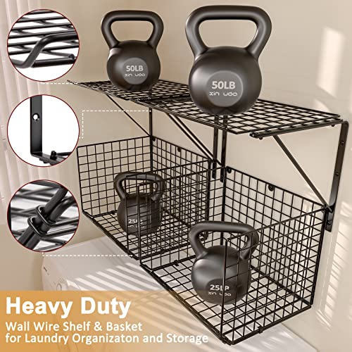 2 Pack Laundry Room Shelves Wall Mounted with Wire Baskets, Over the Washer and Dryer Shelf with Clothes Drying Rack, 8 Hooks, Wire Shelves Baskets for Laundry Closet Organization and Storage, Black