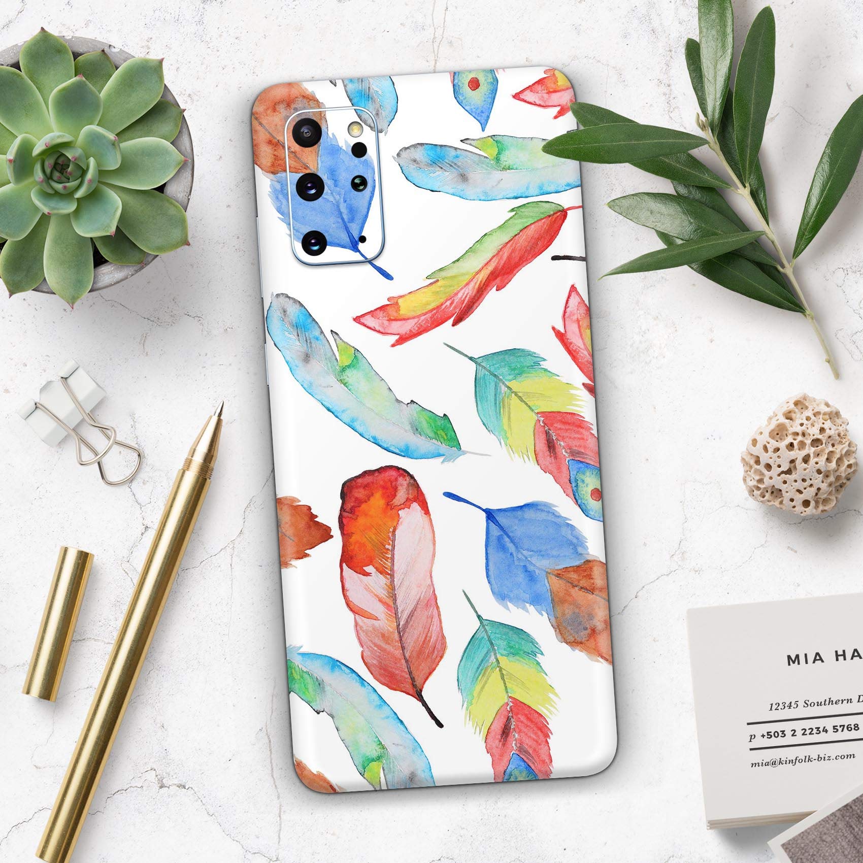 DesignSkinz Vibrant Colorful Brushed Feathers Protective Vinyl Decal Wrap Skin Cover Compatible with The Samsung Galaxy S20 (Screen Trim & Back Glass Skin)