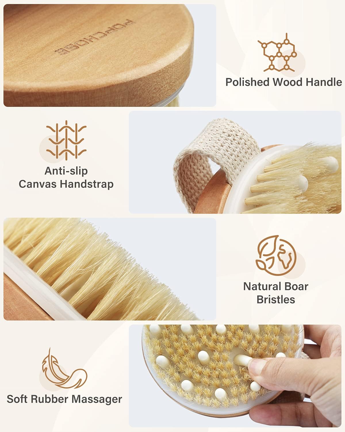 Dry Brushing Body Brush, POPCHOSE Exfoliating Body Brush for Beautiful Skin, Body Scrubber for Cellulite and Lymphatic Drainage, Blood Circulation Improvement with Natural Bristles Massage Nodules