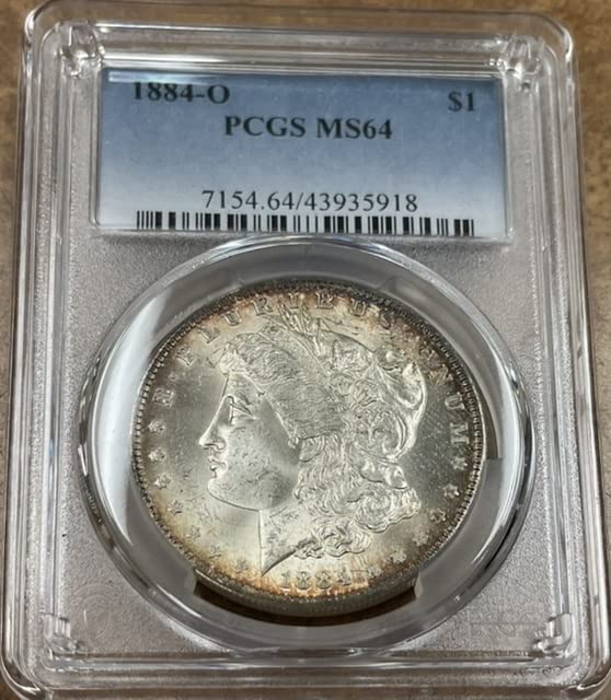 1884 O Morgan silver dollar, bright, reddish bronze rim toning $1 PCGS MS-64