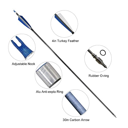 12Pack 30-inch Carbon Arrow with 4" Turkey Feathers, Hunting/Targeting Arrow for Compound Recurve Longbow (Blue)