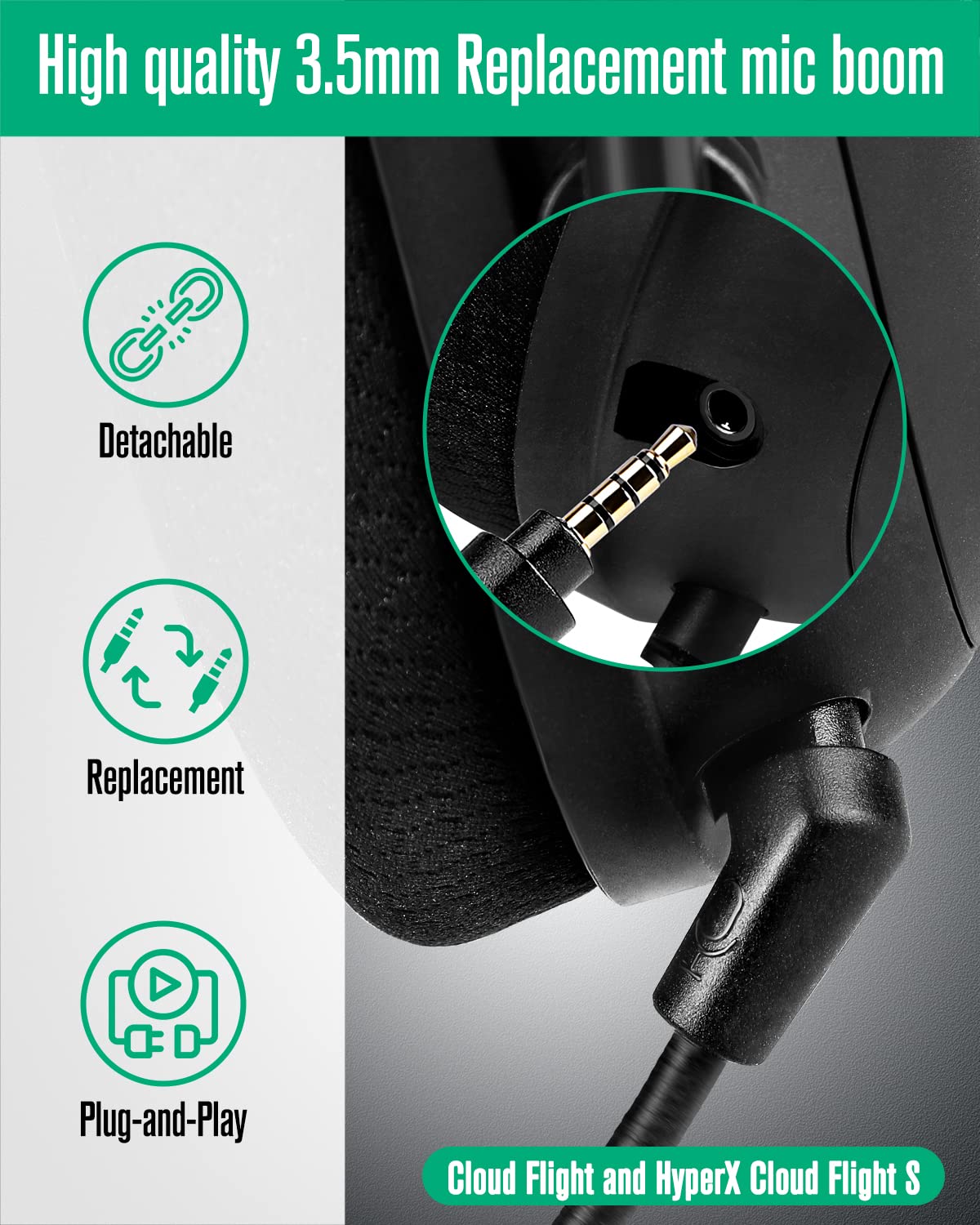AKKE Hyperx Headset Mic Replacement Cloud Flight 3.5mm Jack Detachable Microphone Boom Noise Cancelling Compatible for Kingston HyperX Flight, Flight S,Gaming Headsets