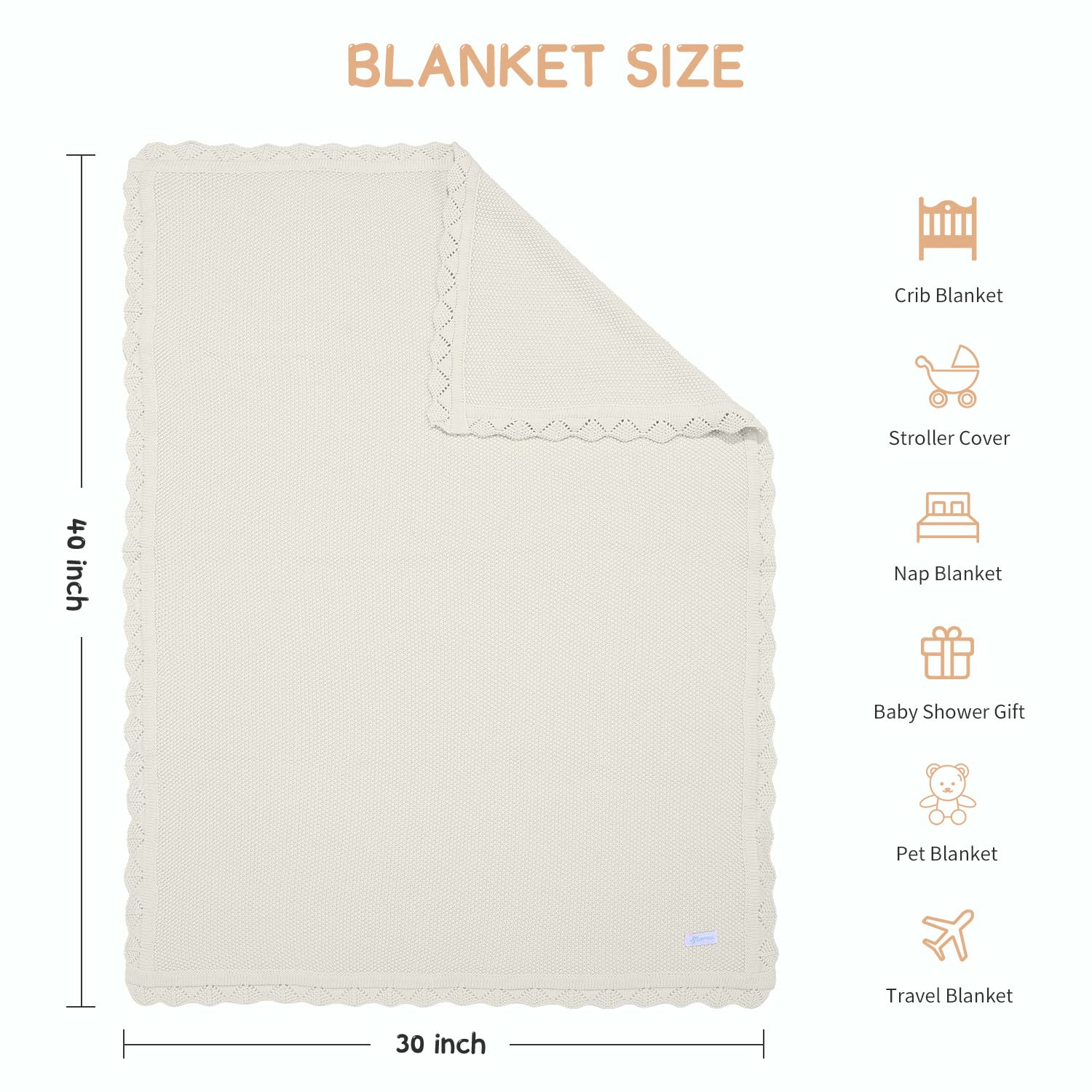 100% Cotton Baby Blanket Knit Lace Soft Warm Toddler Blanket, 30 x 40 Inches,Beige Melange
