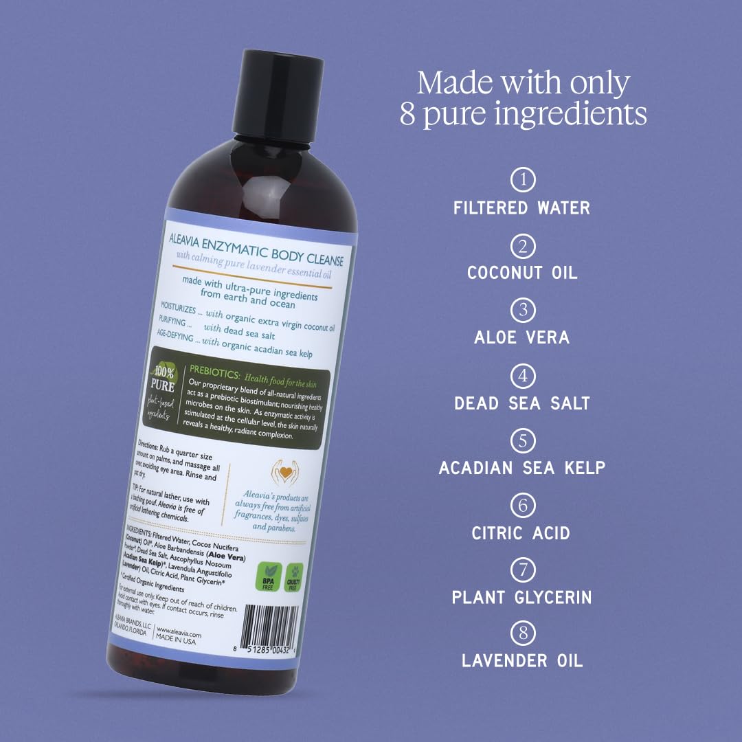 Aleavia Lavender Body Cleanse – Organic & All-Natural Prebiotic Body Wash, Scented with Pure Essential Oils – Nourish Your Skin Microbiome – 16 Oz.