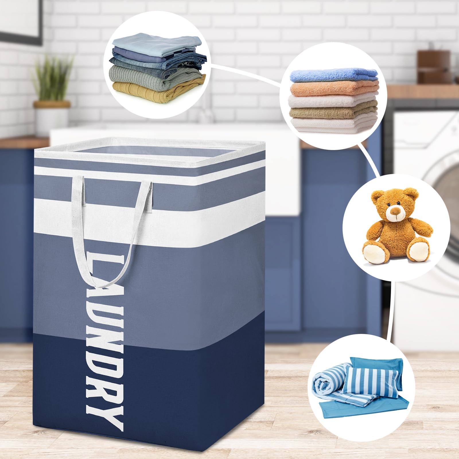 2-Pack 75L Laundry Hamper Collapsible Waterproof Laundry Basket with Easy Carry Handles Freestanding Tall Clothes Hampers for Laundry Bedroom Bathroom (Grey & Dark Blue)