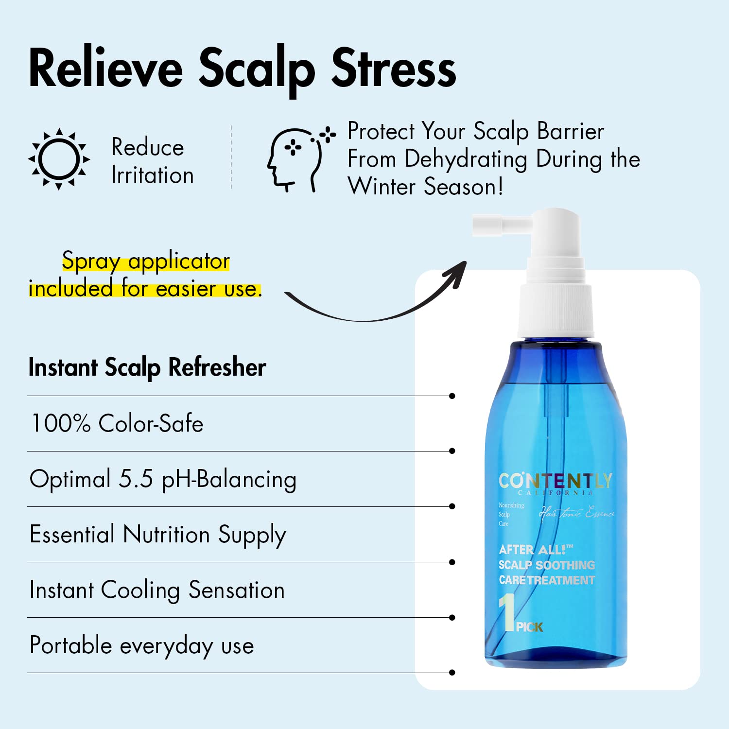 CONTENTLY AFTER ALL! Scalp Soothing Care Treatment | Daily Scalp Cooling Tonic with Probiotics & Ginger Extract For Itchy & Flaky Scalps | 4.06 fl.oz.
