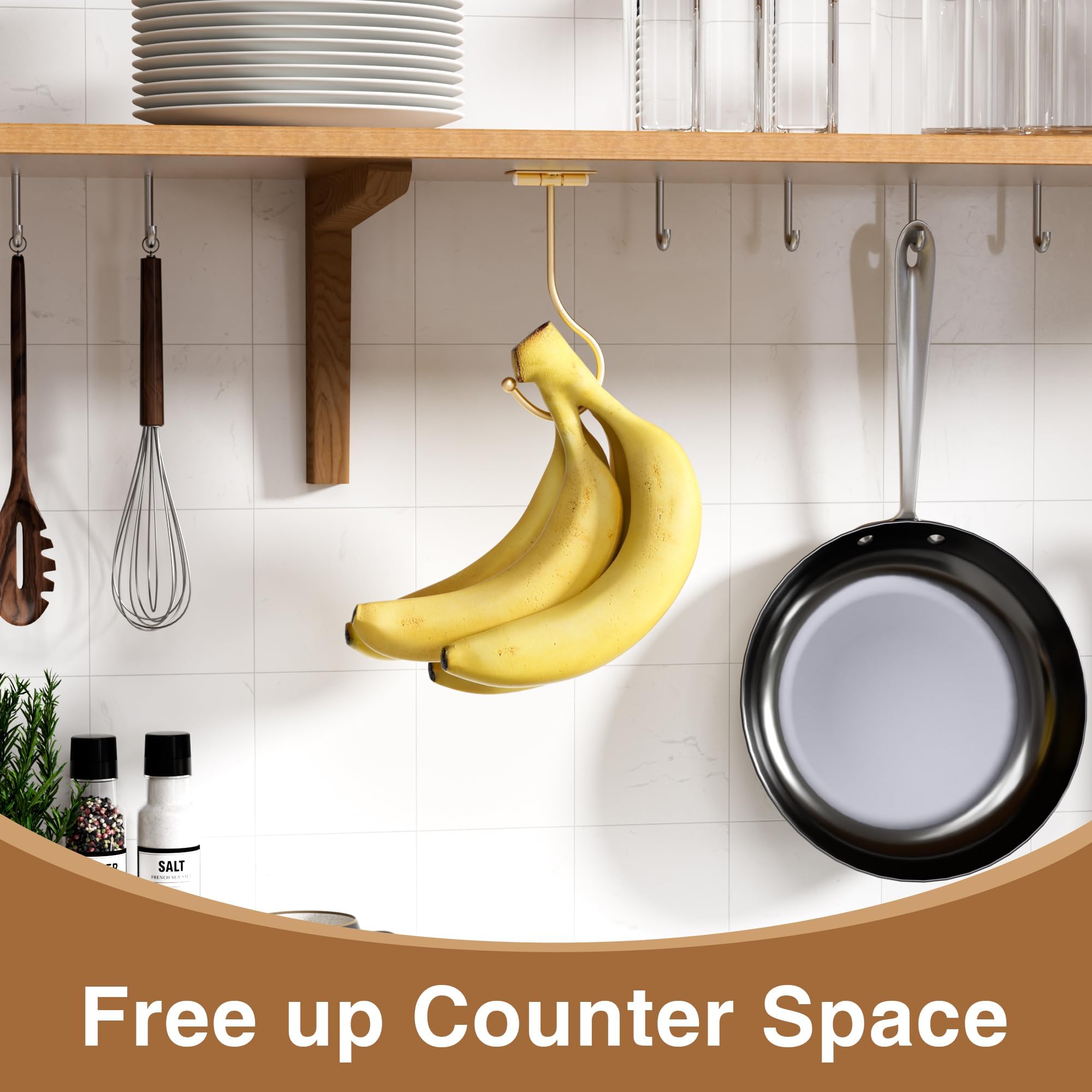 2-Pack Banana Hook Under Cabinet: Banana Holder,Metal Banana Hanger Hook,Adhesive Banana Hook, Foldable Banana Hook, Folds Up With Magnets When Not In Use, Banana Rack,Keep Bananas Fresh (Gold)