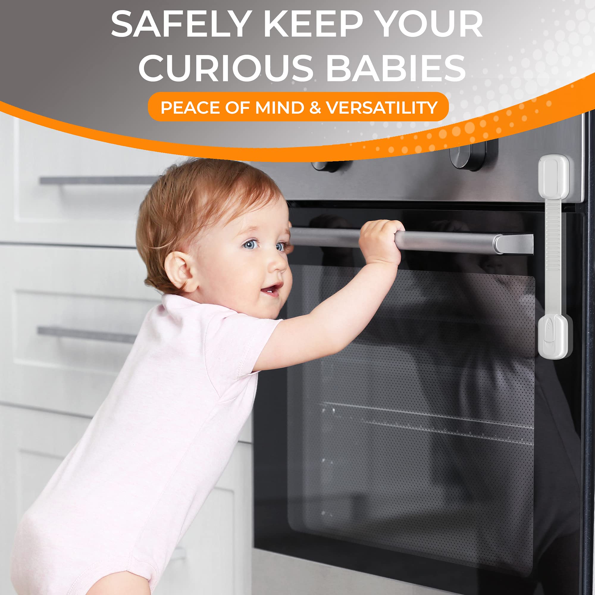 Baby Safety Cabinet Locks (6 Pack + 4 Guards) 3M Adhesive Child Proofing Latches, to Baby Proof Cupboard, Drawers, Fridge, Toilet Seat, Dishwasher, Adjustable Kids Proofing Straps