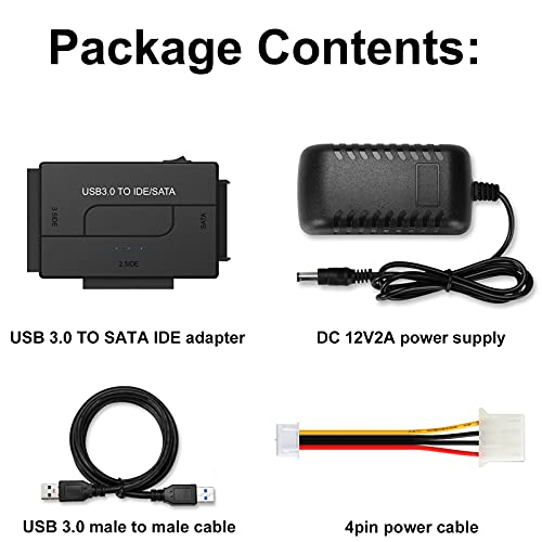 ULXUUUN SATA/IDE to USB 3.0 Adapter, External Hard Drive Reader for Universal 2.5/3.5 Inch IDE and SATA HDD SSD, 5.25" CD/DVD Drives, Hard Drive Converter with Power Adapter Support 6TB