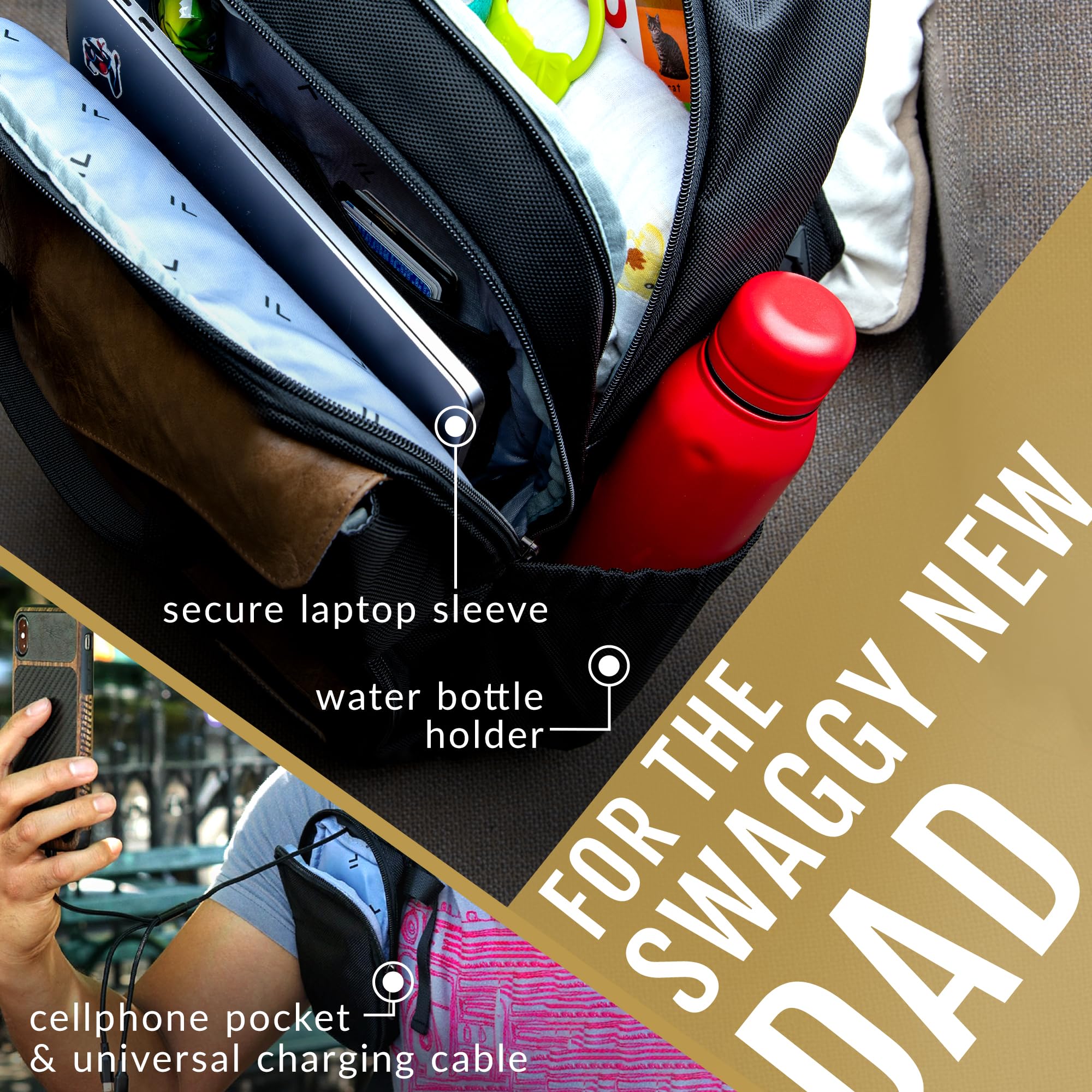 FlyDad - FirstBorn Men's Diaper Backpack, Stylish Diaper Backpack, Dad Diaper Bag, Mens Diaper Bag w/ 21 Compartments, Changing Mat, & Insulated Milk Pockets for Bottles (4oz), Brown Leather Accents