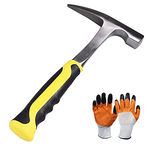 12 Inches Rock Pick Hammer with Skid Handle, All Steel Drop Forged Masonry Hammer with Chrome Plating, Geologist Hammer with Pointed Tip and Shock Reduction Grip for Mining+ A pair of gloves