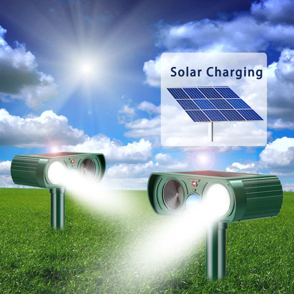 2 Packs Solar Animal Repellent, Ultrasonic Deer Repellent Device with Flash Light & Sensor Motion for Yard Garden, Waterproof Animal Repeller Deterrent to Repel Deer, Dog, Raccoon, Rabbit,Squirrel