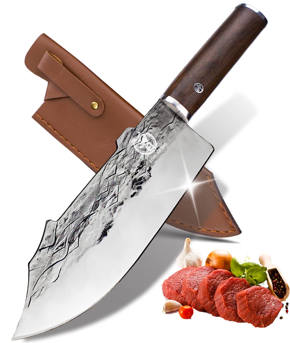 ZENG JIA DAO Heavy Duty Butcher Knife with Sheath High Carobon Steel Meat Cutting Cleaver for Slaughter - Outdoor Carry Hunting Knife