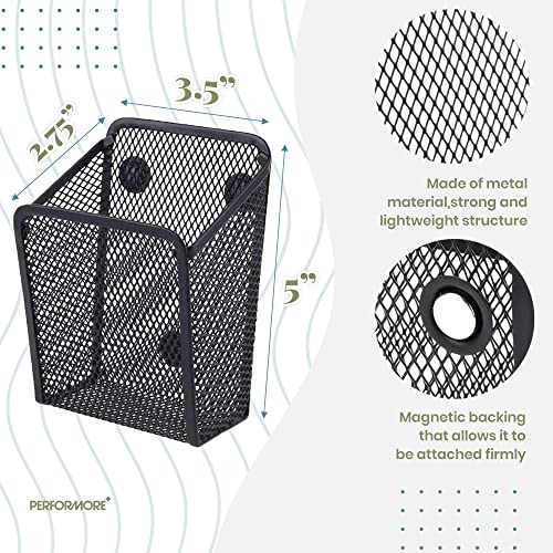 2 Pack of Magnetic Metal Mesh Pen Holder, Black Stainless Steel Pencil Holder with Magnets, Basket Storage Organizer for Whiteboard, Blackboard, Kitchen, Locker, Home, or Office