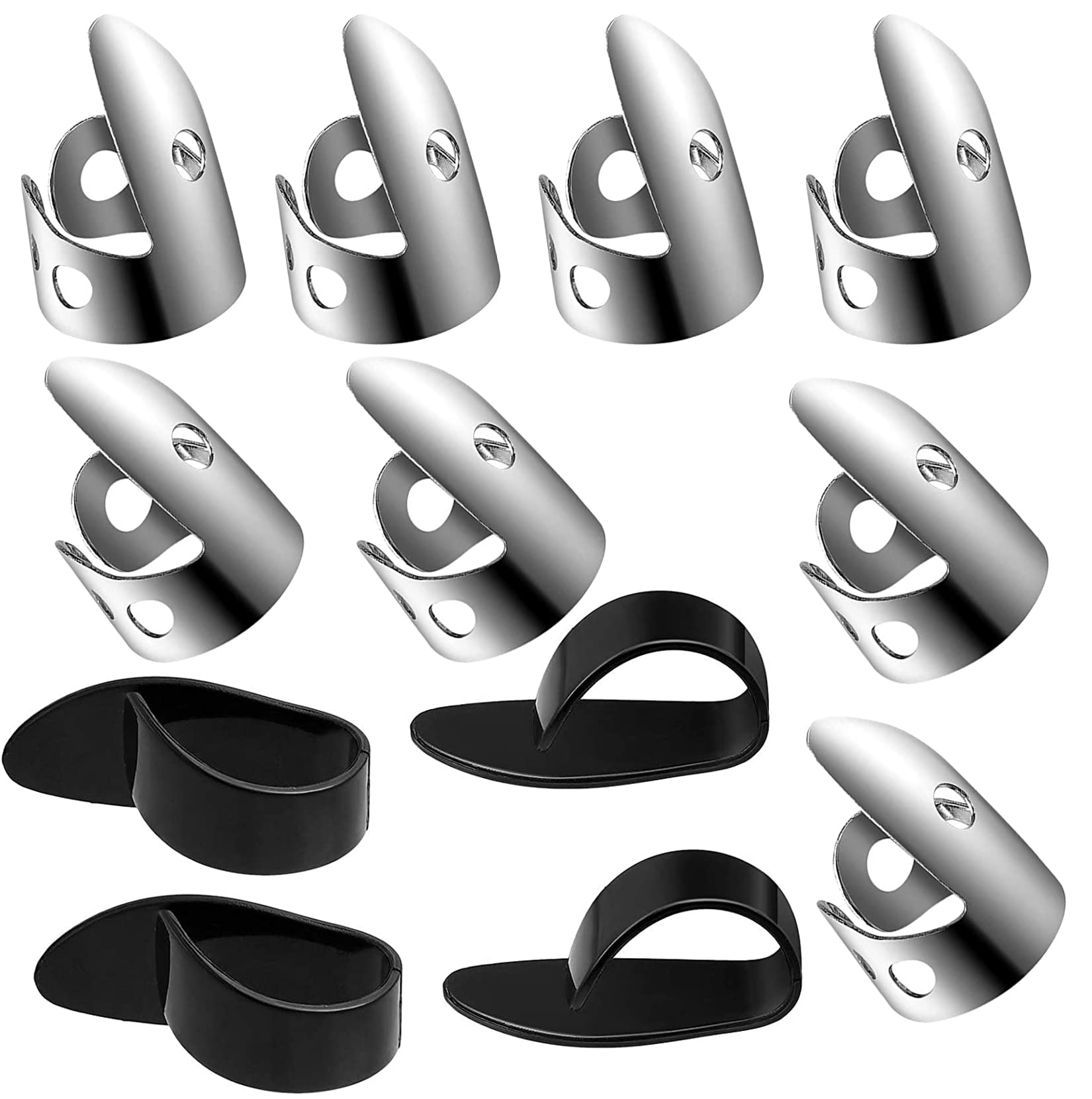 12pcs Adjustable Finger Thumb Picks Set Includes 8pcs Silver Stainless Steel Finger Picks and 4pcs Plastic Thumb Picks for Guitar Banjo Harp Bass Plectrum (Black)