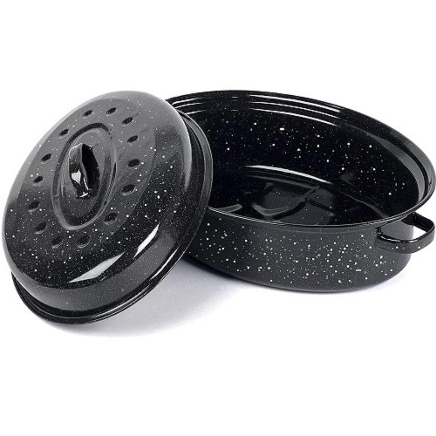 14.6 Inch Roasting Pan with Lid - Covered Oval Roaster - Enamel Carbon Steel Roaster Pot