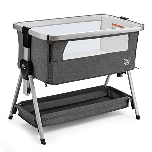 BABY JOY Bedside Bassinet, Portable Baby Crib w/Mattress, Two-Side Breathable Mesh, 7 Height Adjustable, Large Storage, Wheels for Easy Movement, Crib for Newborn Infant, Bassinet for Baby, Dark Grey