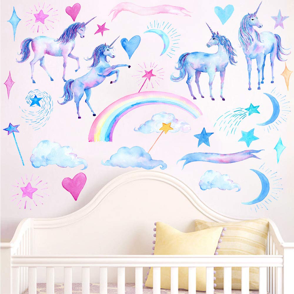Wajade Unicorn Wall Decals, 2 Sheets Unicorn Rainbow Peel and Stick Wall Stickers Removable Wall Decor for Girls Kids Bedroom Nursery Playroom Decor