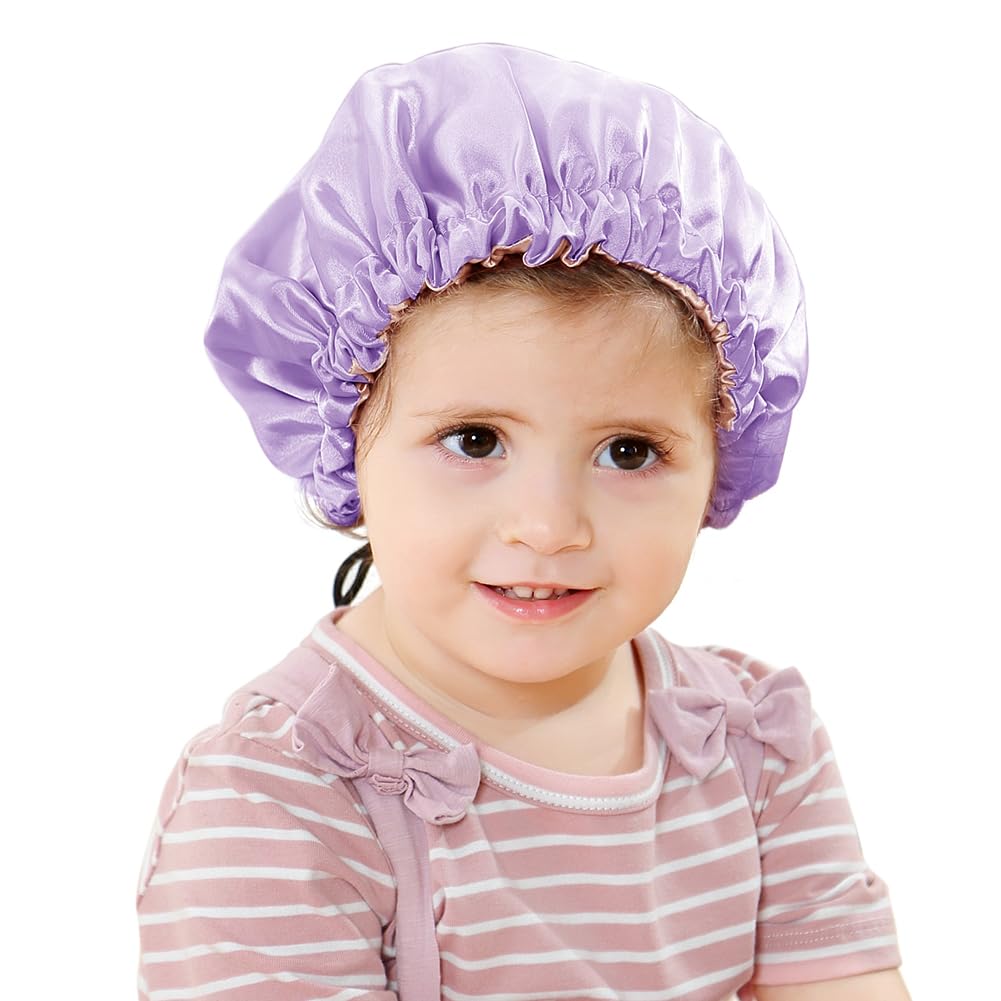 greatremy Kids Satin Bonnet Sleep Cap,Double Layer Soft Elastic Baby Satin Natural Hair Bonnets with Adjustable Drawstring for Girl Boy Infant Toddler Child Sleeping (Reversible Champagne/Purple)