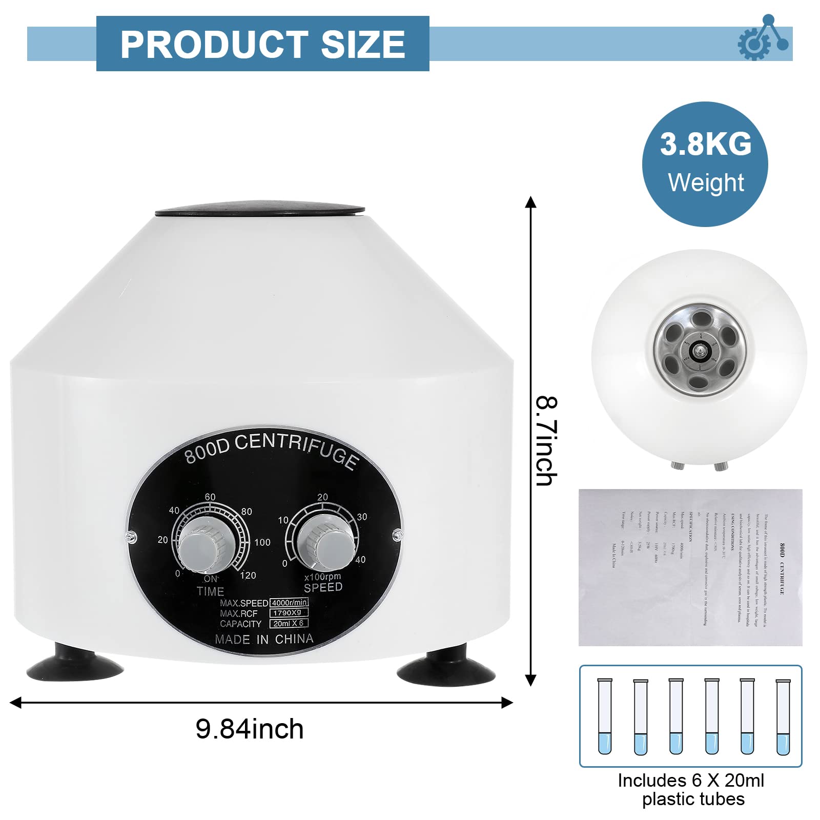 POWLAB Electric Centrifuge Machine Desktop Laboratory Benchtop Centrifuges Lab Medical Practice with Timer and Speed Control - Low Speed,4000 RPM, Capacity 20 ML x 6-110v