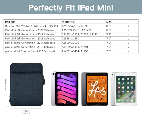 TiMOVO 8-9 Inch Tablet Sleeve Case for All-New iPad Mini 7 (A17 Pro, 2024), iPad Mini 6 (8.3-Inch, 2021), iPad Mini 5/4/3/2/1, Protective Pouch Bag with Multiple Pockets, Indigo