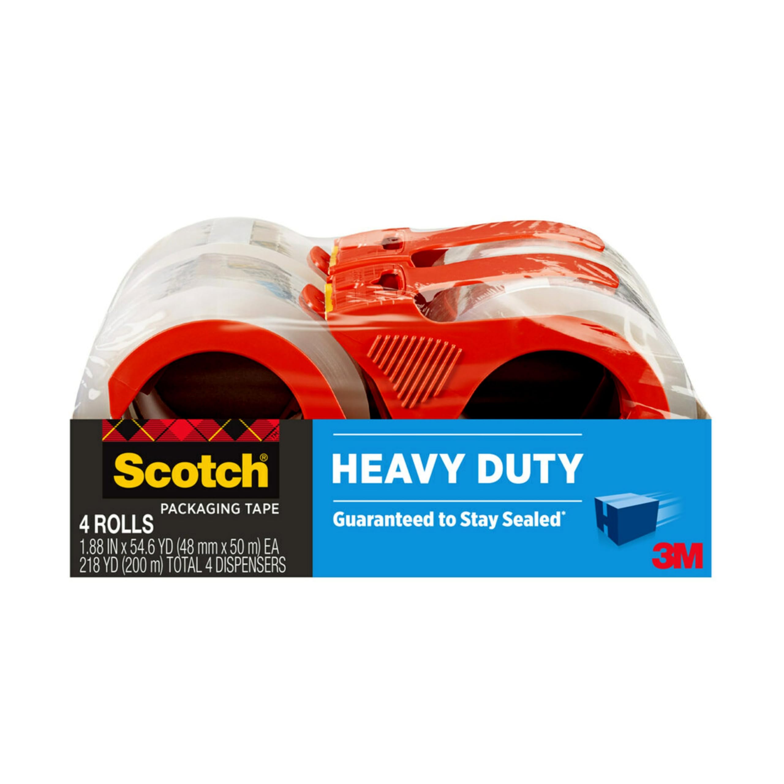 3M Scotch Heavy Duty Shipping Packaging Tape – 1.88 in x 54.6 yds, Clear – 4 Rolls with 2 Dispensers – Strong Seal for All Box Types