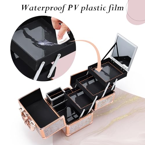 Costravio Makeup Train Case Rose Gold Cosmetic Box with Mirror & Brush Holder Home or Travel Organizer for Make-up and Jewelry Storage Box with 3-Tier Tackle Trays Portable Lockable Golden Marble