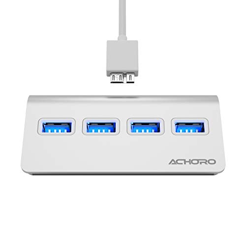 Achoro Premium Quality Computer USB Port Expander – 4 Ports Portable USB Hub - Compatible with MacBook, Windows, iMac, Hard Drive, and PC – High-Speed 3.0 USB HUB (Silver)