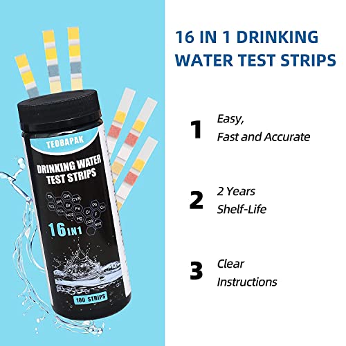 16 in 1 Water Testing Kits for Drinking Water, 100 PCS Drinking Water Test Kit, Tap and Well Water Test Strips with Hardness, pH, Mercury, Lead, Iron, Chromium/Cr and More