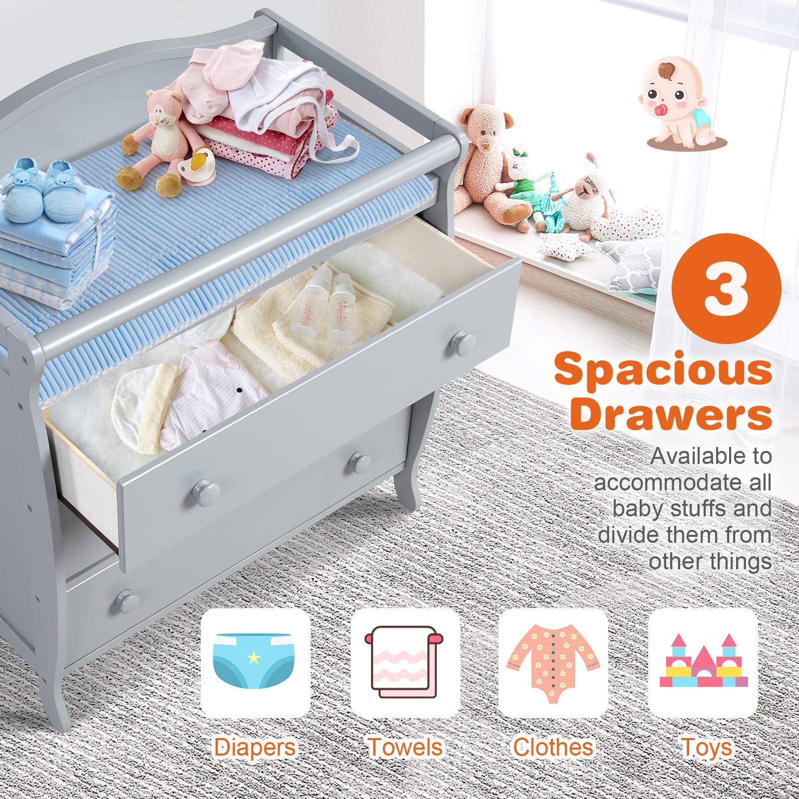 Costzon 3-Drawer Changing Table, Infant Diaper Changing Station with Drawers, Safety Rails & Strap, Baby Changing Table Dresser for Nursery, Easy Assembly (Gray)