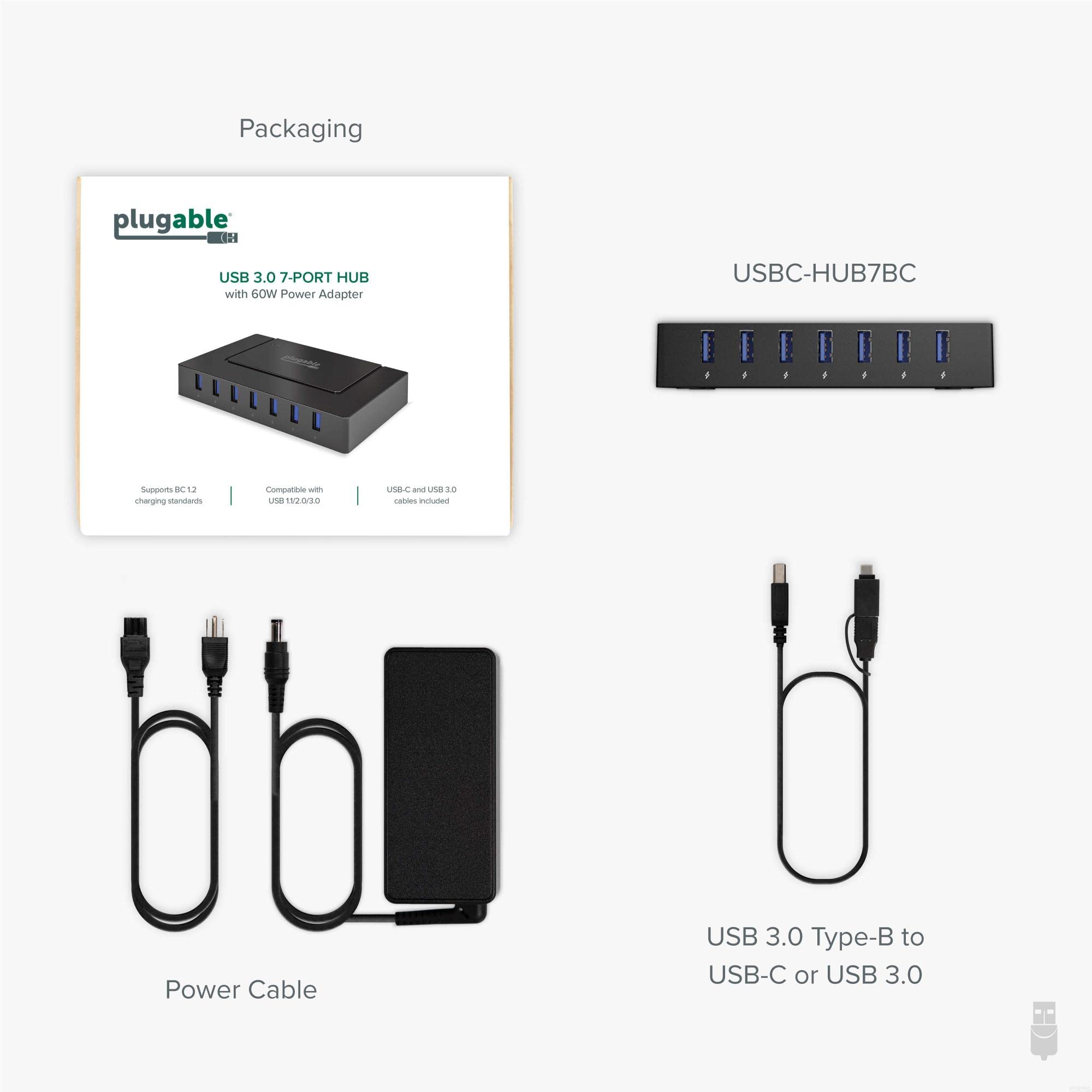 Plugable 7-in-1 USB Powered Hub for Laptops with USB-C or USB 3.0 - Power Station for Multiple Devices and Data Transfer with a 60W Power Adapter, Driverless
