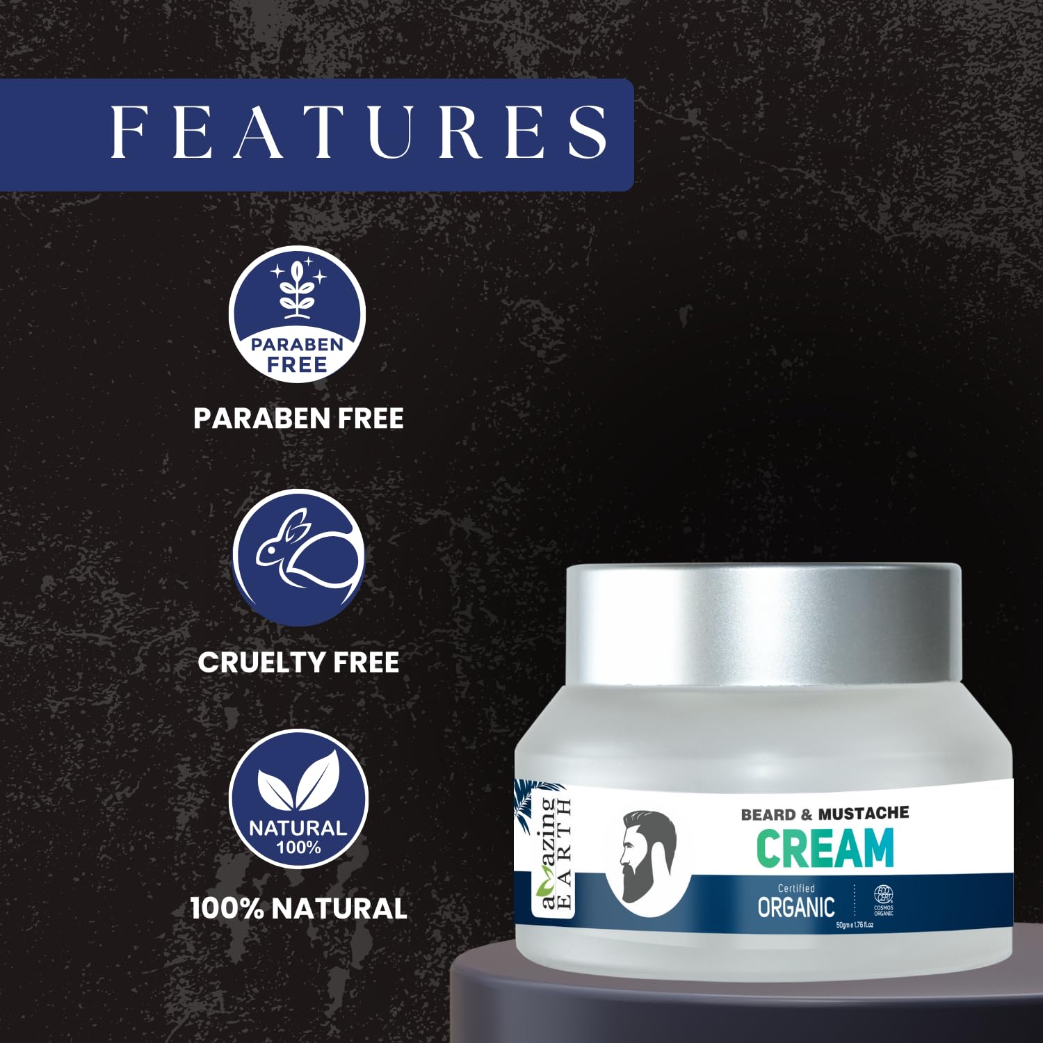 Amazing Earth Beard and Mustache Cream for Men -Certified Organic, Styling, Hair Growth, Soft Beard, Chemical-Free and Vegan -50 g