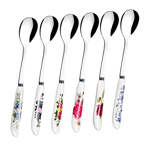 6Pcs Coffee Spoons for Coffee Bar - Chinese Floral Stainless Steel Spoons Kitchen Set Tea Spoons Silverware Set - Ice Cream Spoon Cake Tableware Set Coffee Stirrers Reusable Dessert Spoons for Tea Set