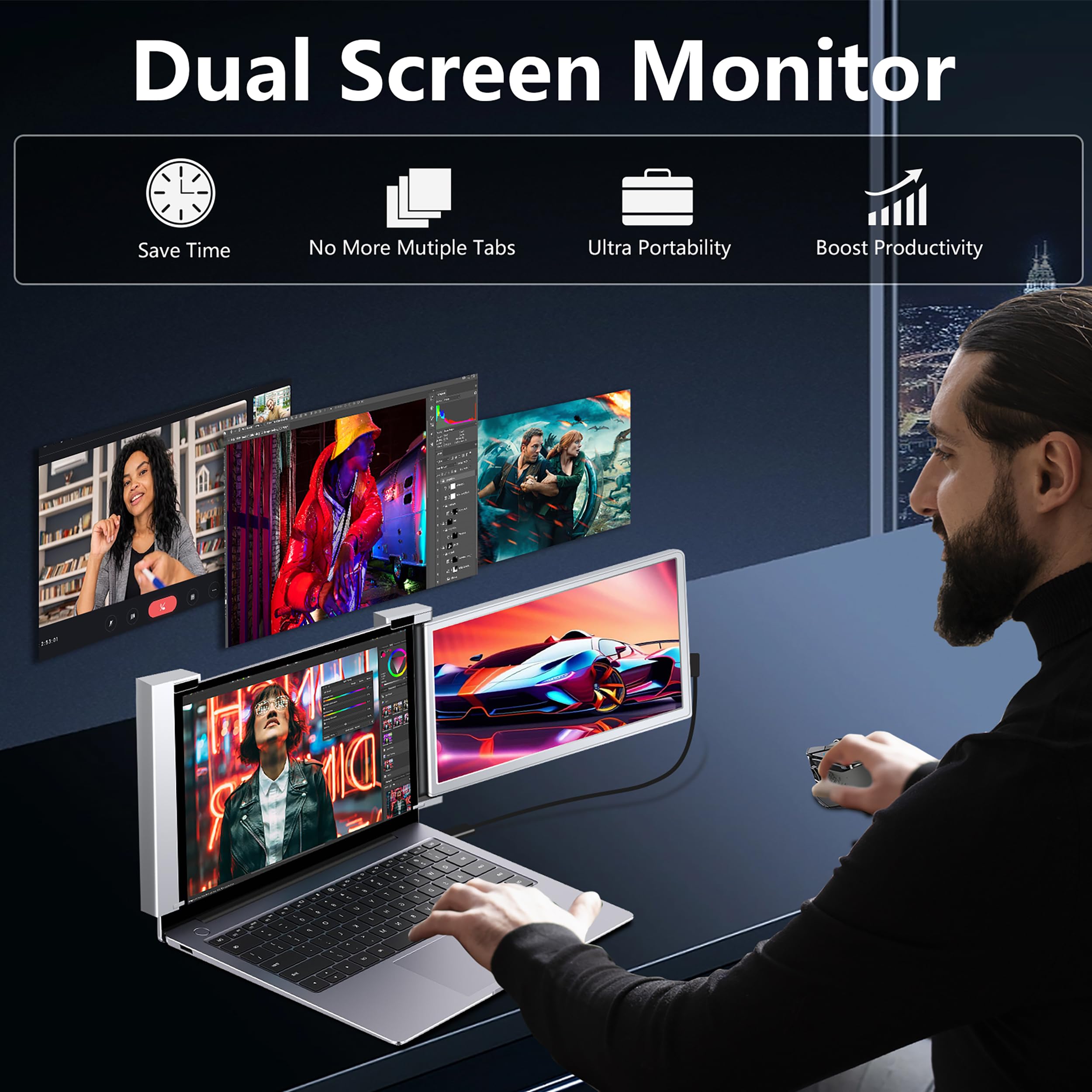 14β Dual Laptop Monitor Extender- FHD 1080P IPS Portable Screen Extender with USB-C & Mini HDMI Port, Plug & Play, Easy to Carry, Lightweight Side Screen for 14-17.3β Laptops, Switch, Xbox