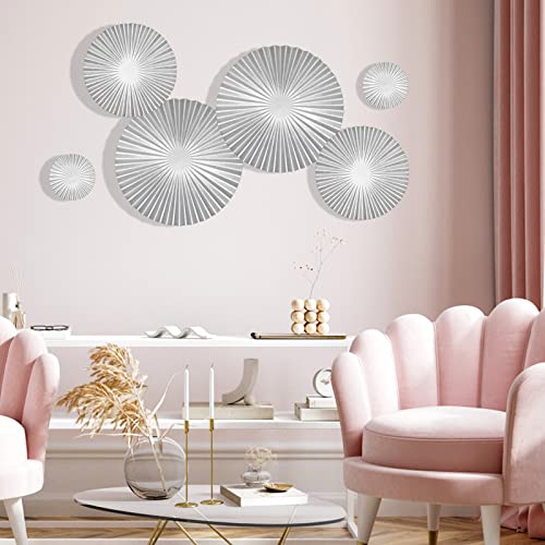 6Pcs Sunburst Metal Wall Mount Art Decor for living room, Silver Modern Accent Large Sunburst Hanging Above Bed Decorations Sculpture, Circular Decorlives Combination Artwork for Home Office Bedroom Bathroom Kitchen