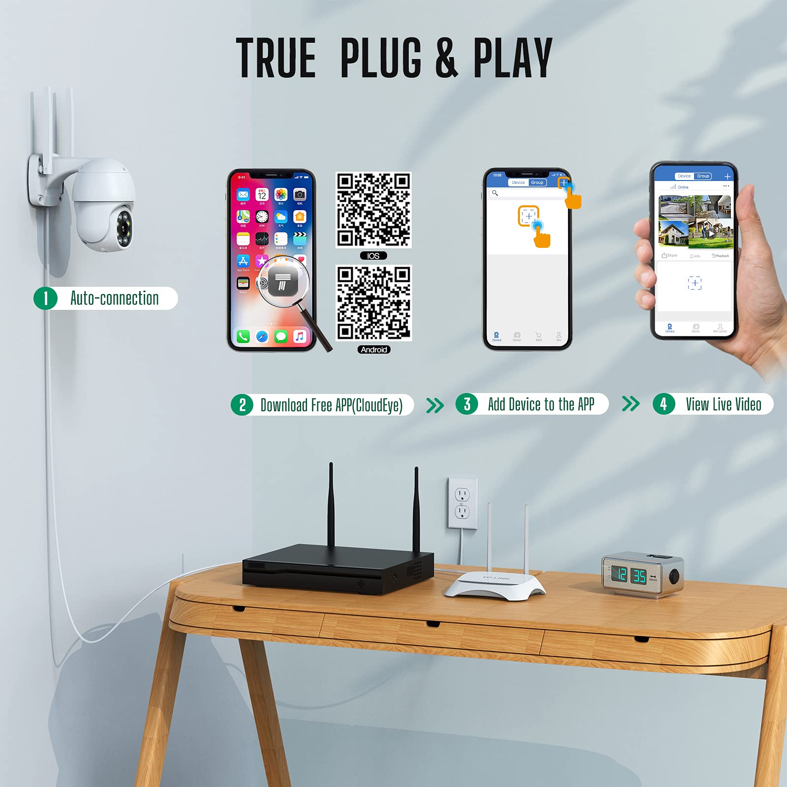 3MP Home Security Camera System Wireless Outdoor, 8 CH WiFi Surveillance NVR Kits with 2X IP Cameras & 2X PTZ Cameras, 1TB HDD, 2-Way Audio, Color Night Vision, Motion Alert, Remote Access