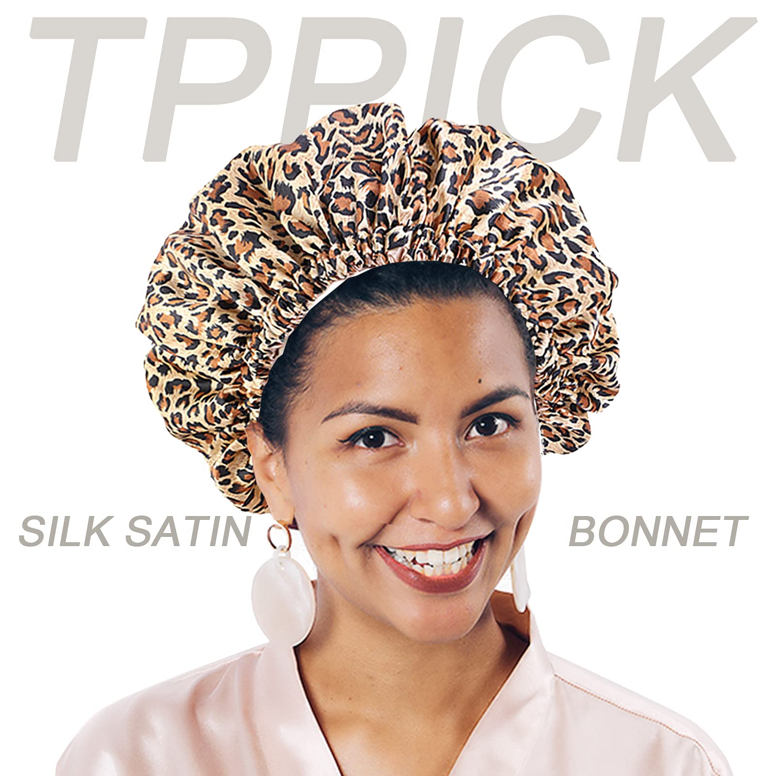 2-Pack Satin Bonnet Silk Bonnet Hair Bonnet for Sleeping Satin Bonnet for Hair Bonnets for Women Silk Bonnet(Black & Leopard)