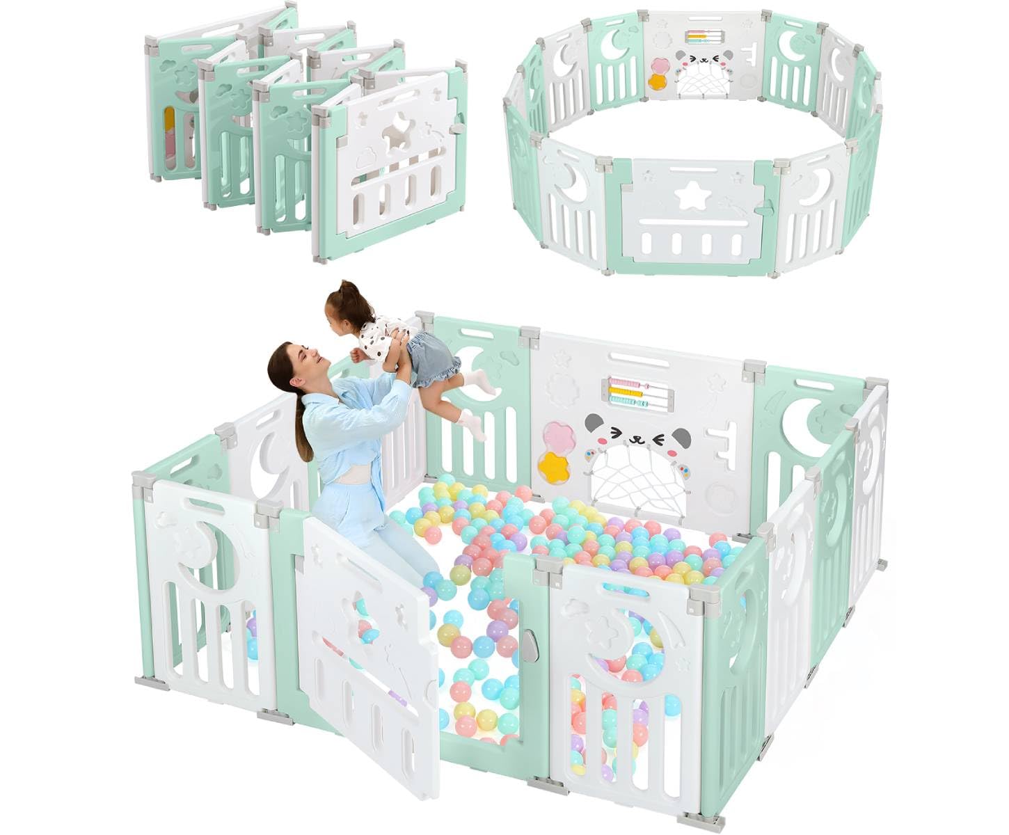 Baby Playpen, Dripex Foldable Playpen for Babies and Toddlers, Custom Shape Baby Fence, Safety Play Yard with Gate, Portable Play Area for Indoor or Outdoor, Light Green White, 14 Panel