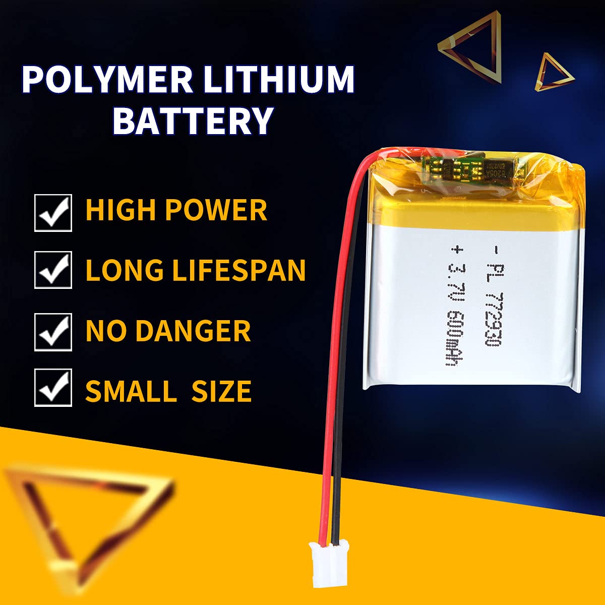 AKZYTUE 3.7V 600mAh 772930 Lipo battery Rechargeable Lithium Polymer ion Battery Pack with PH2.0mm JST Connector