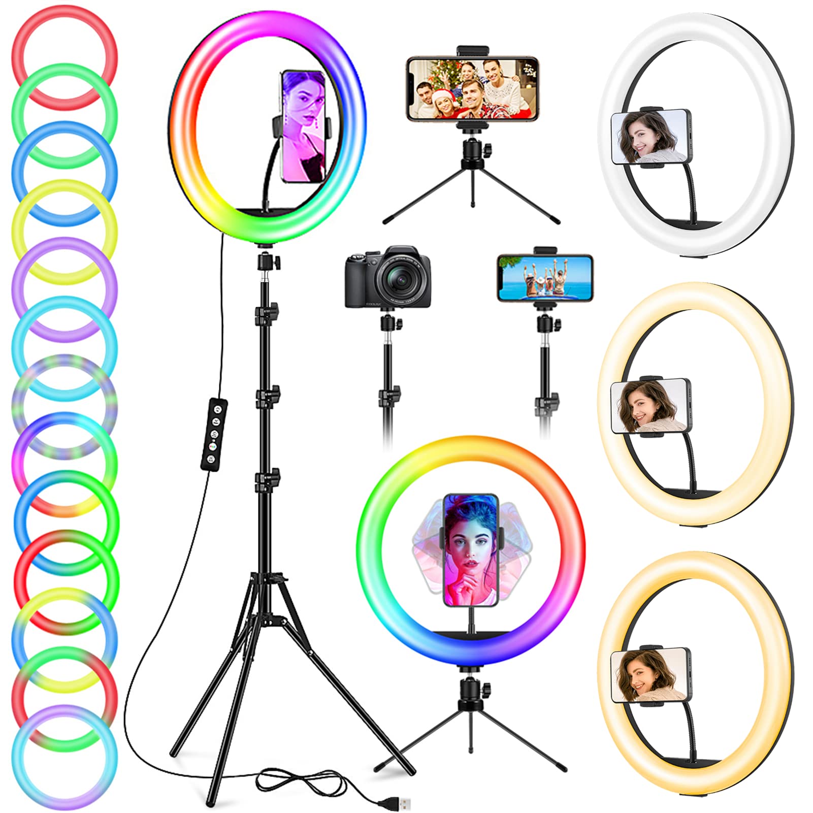 12.6'' Ring Light with Stand and Phone Holder: Totally 74" Tall Led Ringlight Tripod with 40 Color Modes, Floor and Desktop Stand with Circle Lights for iPhone Phone Makeup Video Meeting Live Stream