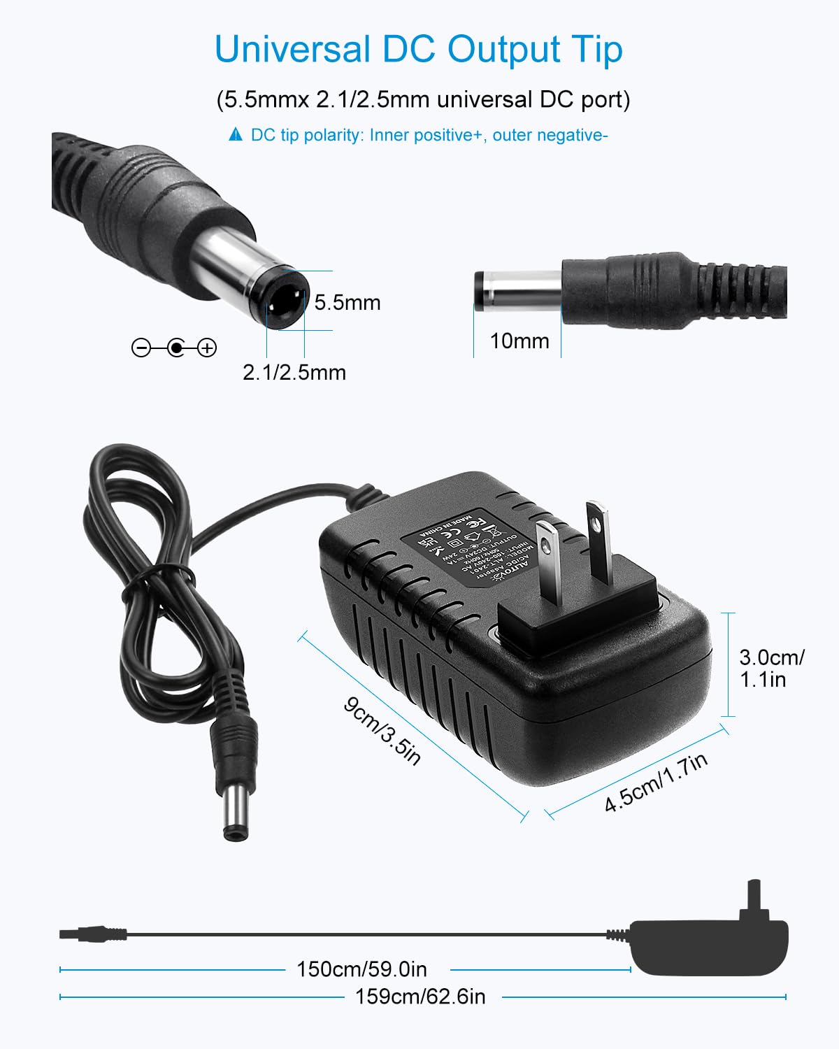 ALITOVE 24V 1A 24W DC Power Supply Adapter 100~240V AC to DC 24 Volt 1 Amp Converter 24 vdc 1000mA 800mA 600mA 400mA 200mA with 5.5mm x 2.5mm 2.1mm Plug for LED Strip Light CCTV Camera DC Pump