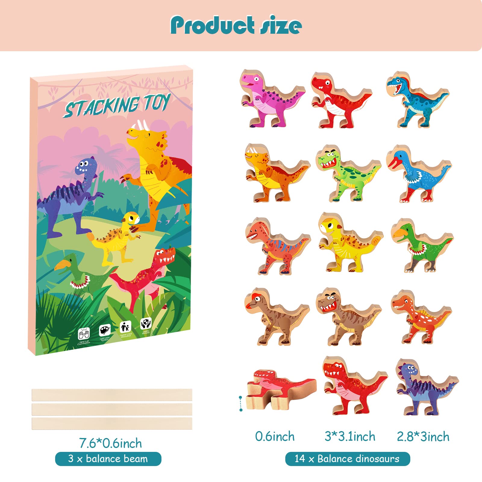 14-Piece 3-Inch Wooden Dinosaur Stacking Toys for Kids 3-7, STEM Educational Party Favors