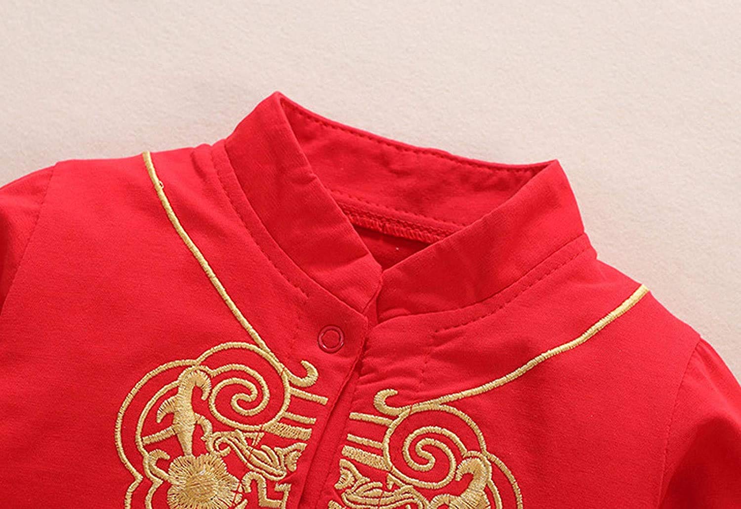3PC Newborn Baby Girl Boy New Year Tang Suit Red Romper Bodysuit Hat Shoes Outfits (Red, 18-24 M)