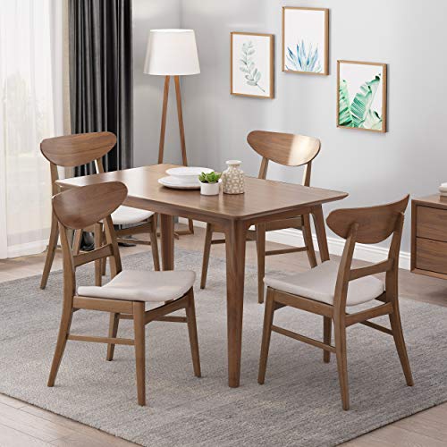 Christopher Knight Home Helen Mid-Century Modern Dining Chairs (Set of 4), Polyester,Rubberwood, Light Beige, Walnut