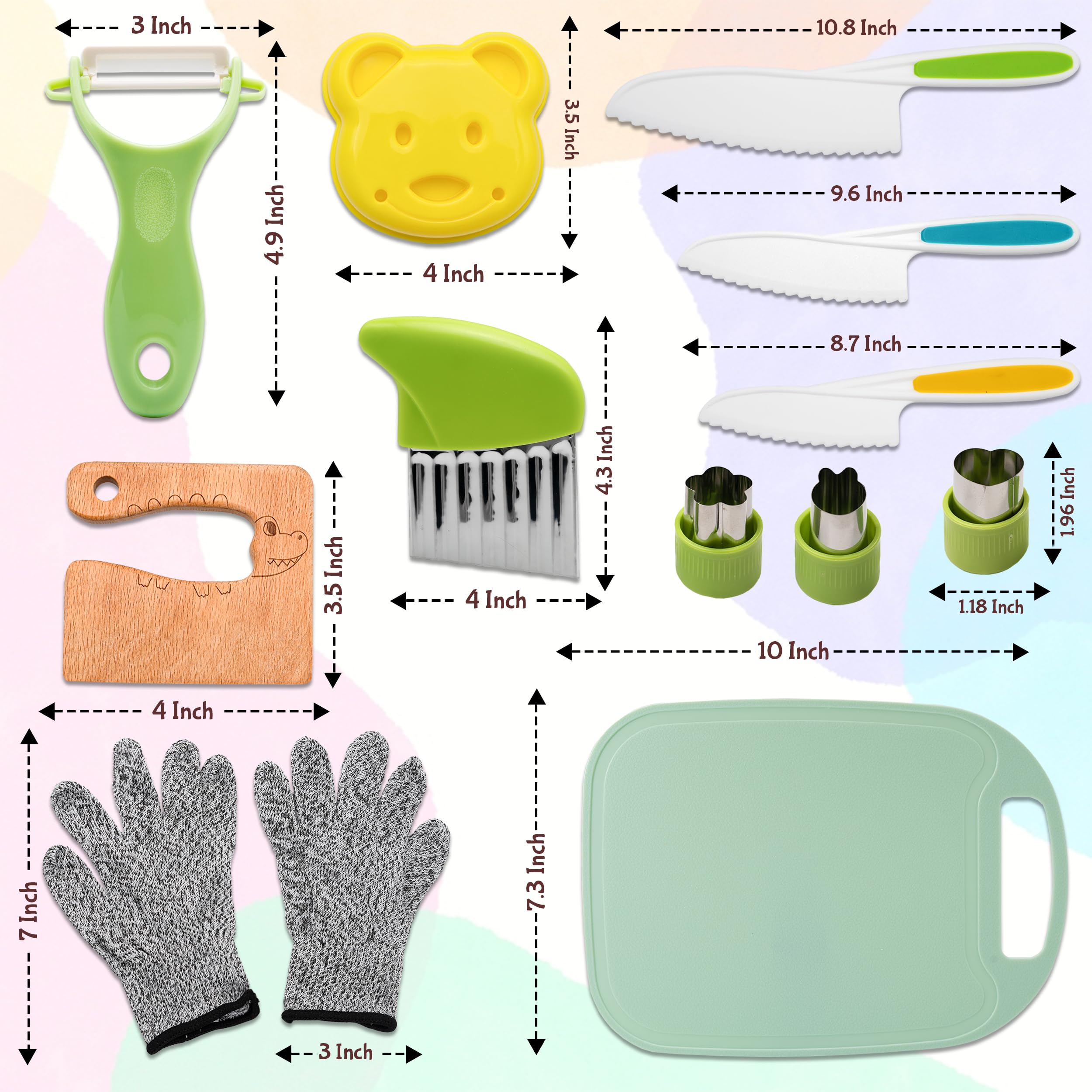14-Piece Montessori Kitchen Tools Kids Knife Set with Gloves, Cutting Board, Fruit & Vegetable Crinkle Cutters, Safe Serrated Edges, and Plastic Toddler Knives for Real Cooking Experience - Monkey