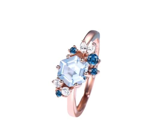 14k Solid Gold Hexagon Cut Aquamarine Ring For Women Hexagon Cluster Natural Blue Gemstone Ring With London Blue Topaz March Birthstone Ring (WHITE GOLD, 6)